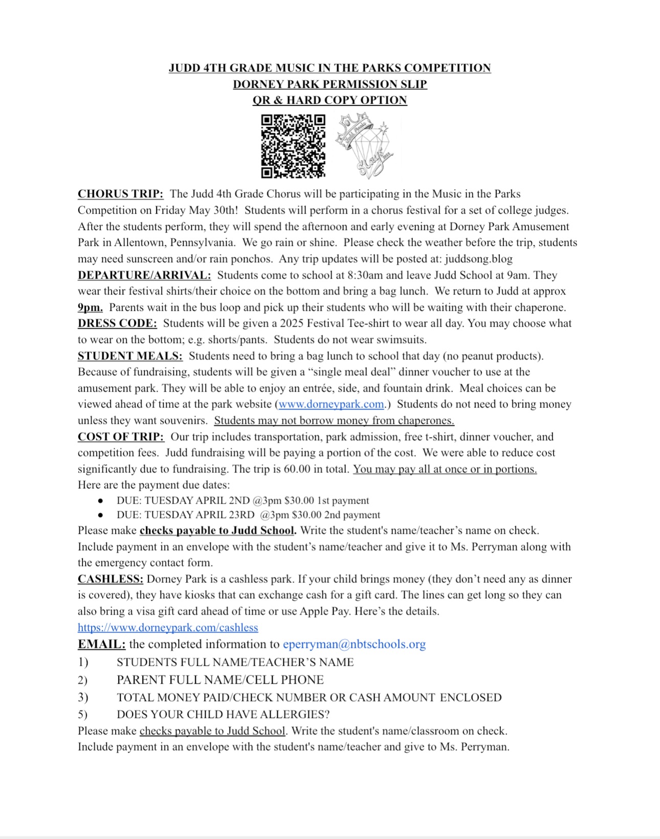 4th Grade Chorus Dorney Park Permission Slip/Chaperone Request Form ...