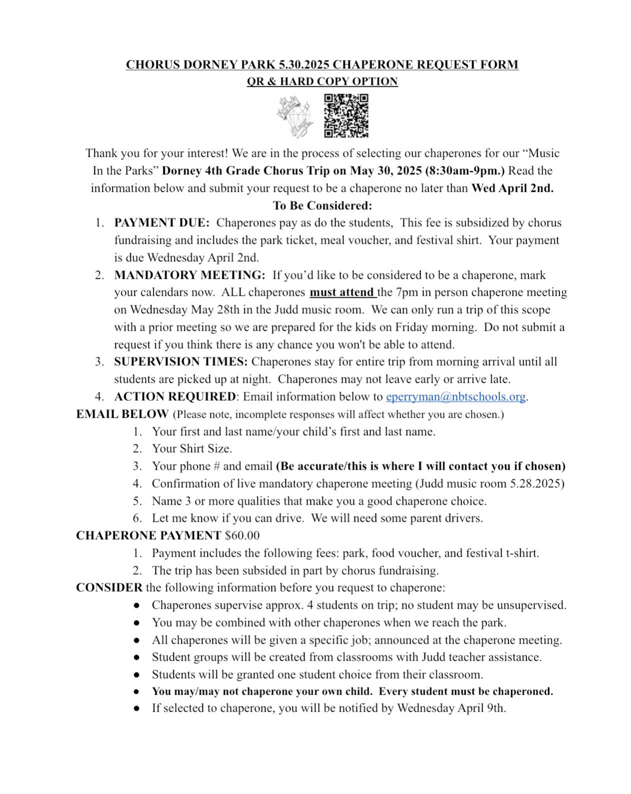 4th Grade Chorus Dorney Park Permission Slip/Chaperone Request Form ...